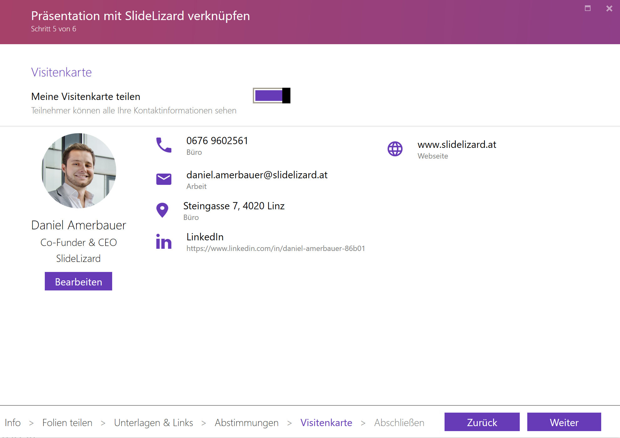 Teilen von Kontaktinformationen | SlideLizard Help