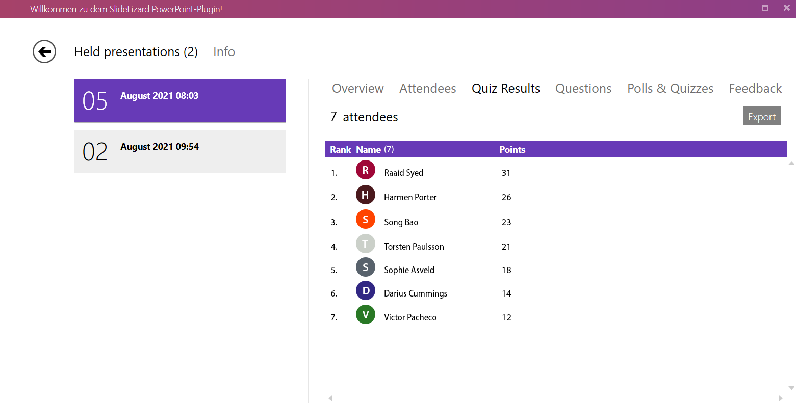 Evaluate & export completed quizzes | SlideLizard Help