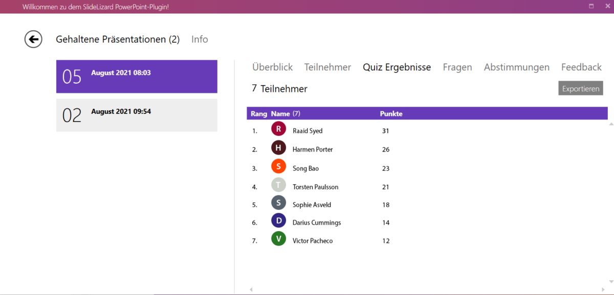 Durchgeführte Quizze auswerten & exportieren | SlideLizard Help